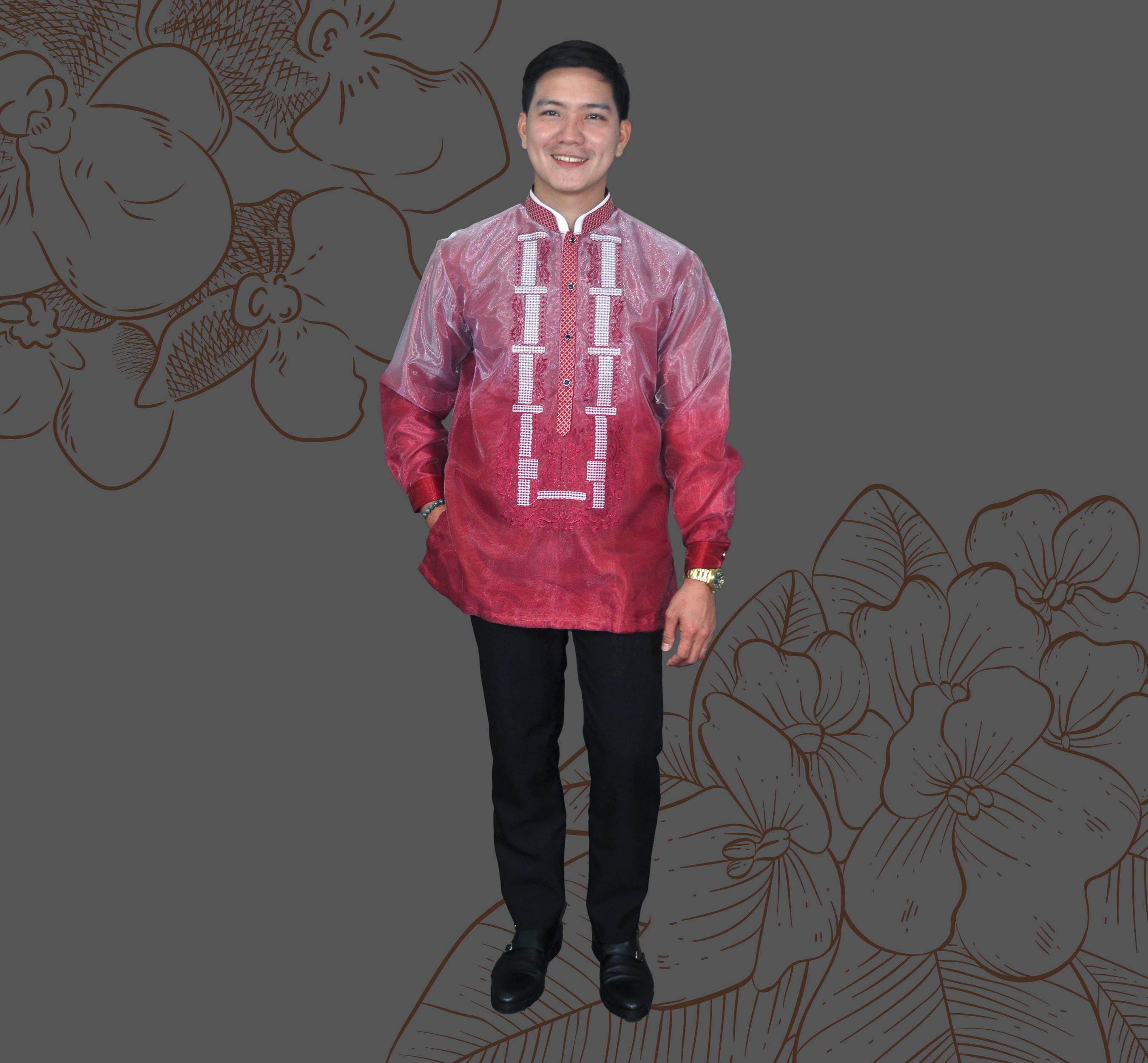 Elegant Red Ombre Barong Tagalog With Embroidery for Men Harry JK45 - Etsy