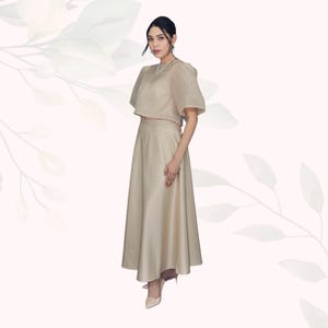 Champagne Beige Filipiniana Kimona With Modern Puff Sleeves - Mei ...