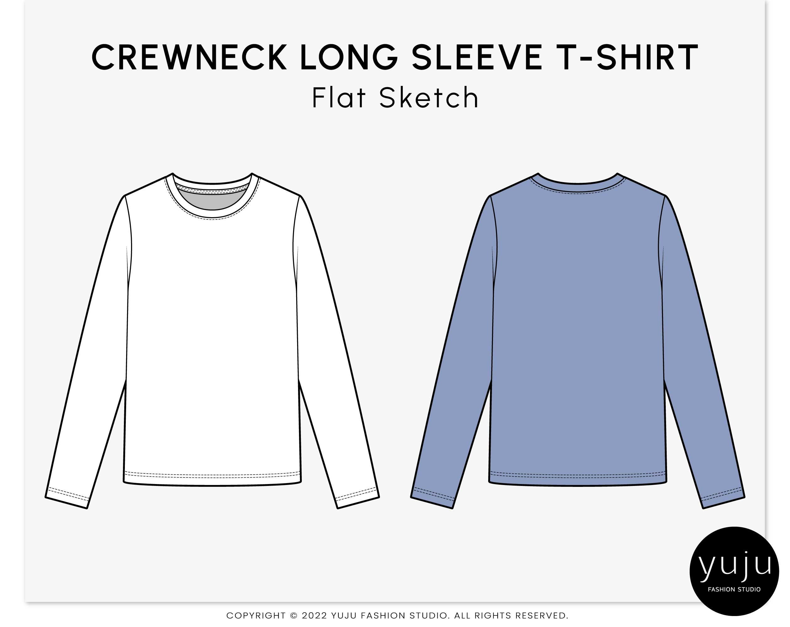 Crewneck Long Sleeve T Shirt Fashion Flat Sketch Fashion Template