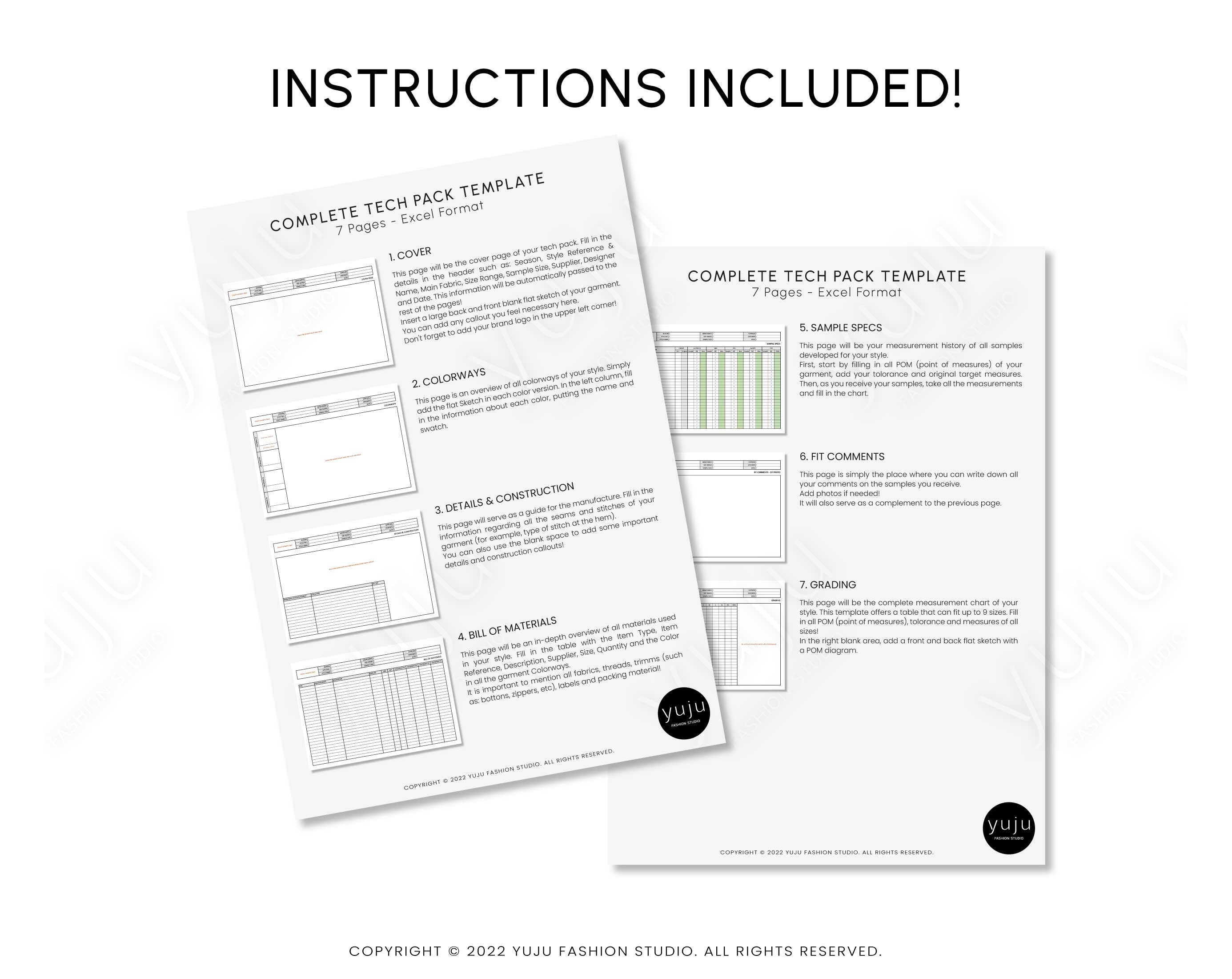 Complete Fashion Tech Pack Template - 7 Pages - EXCEL FORMAT - Apparel ...
