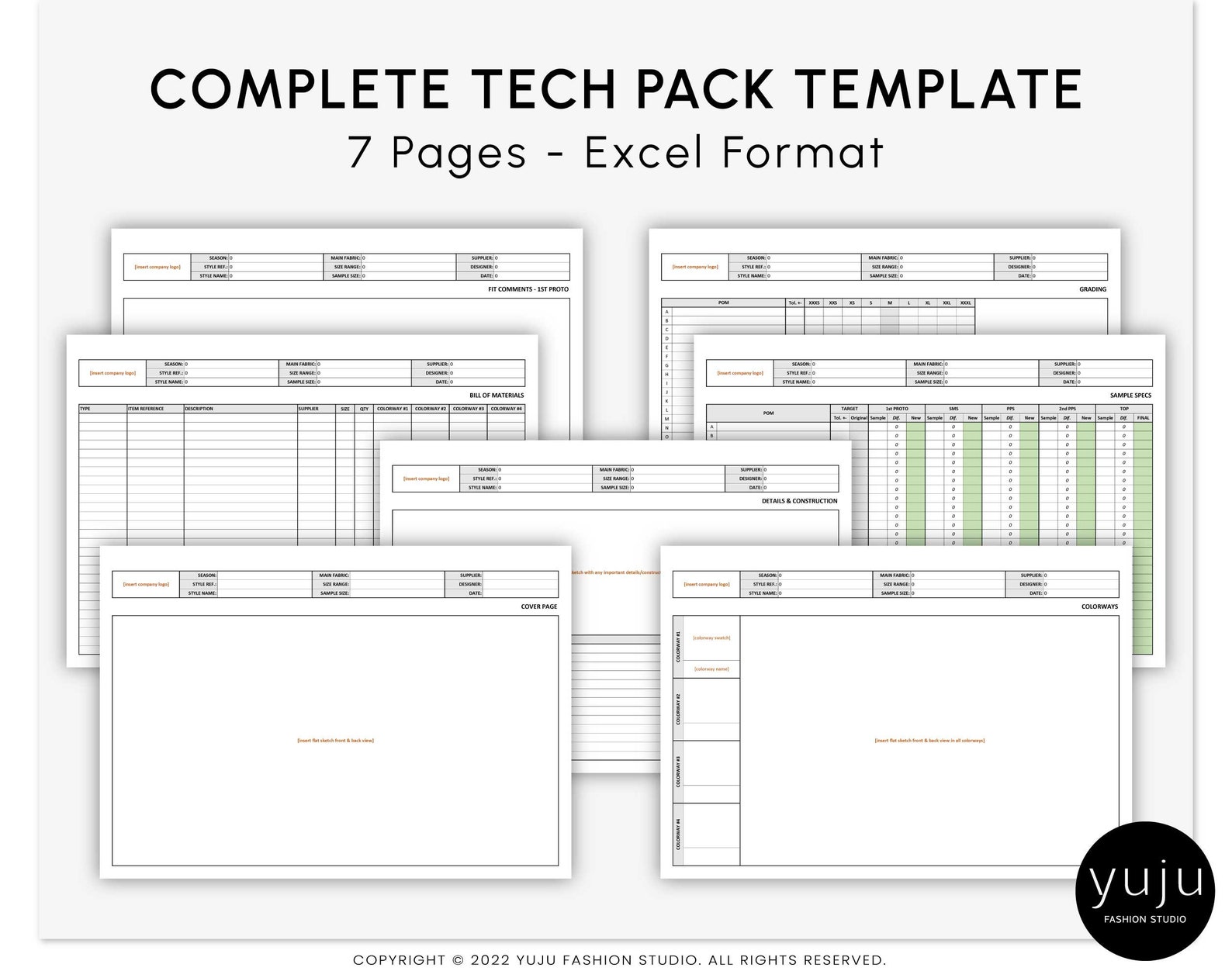 Complete Fashion Tech Pack Template - 7 Pages - EXCEL FORMAT - Apparel ...