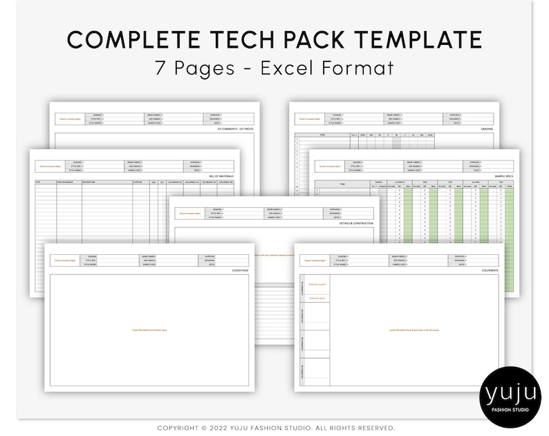Complete Fashion Tech Pack Template - 7 Pages - EXCEL FORMAT - Apparel ...