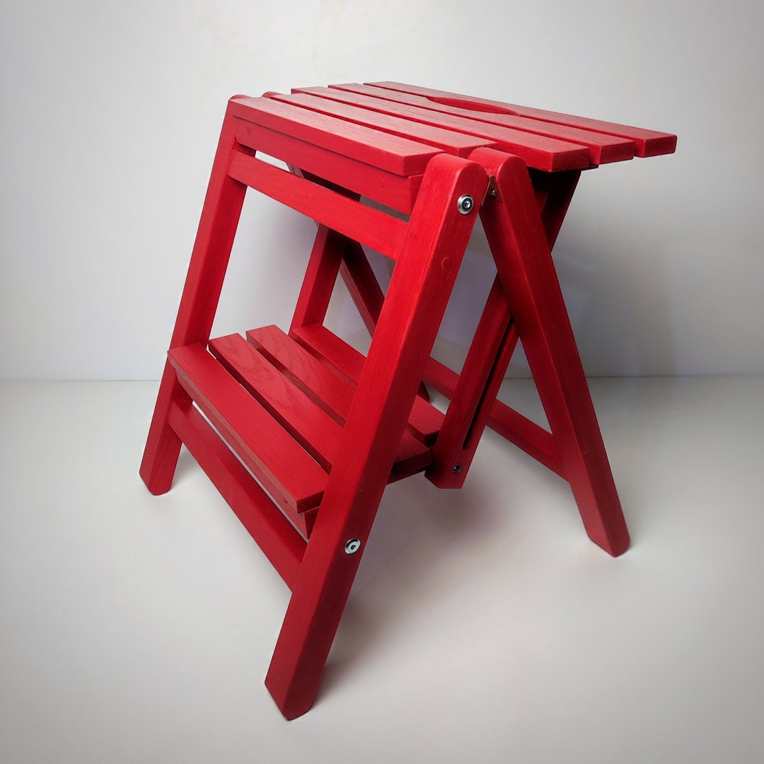 Red (or CUSTOM Color) Foldable Wood Step Stool, Library Ladder, 2-step ...