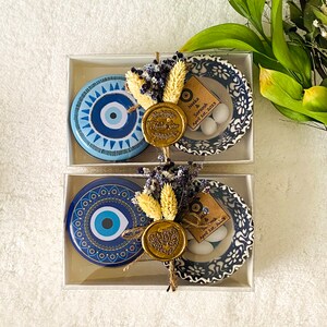 Evil Eye Wedding Favor: Candle, Soap, Ceramic Bowl & Almonds - Etsy