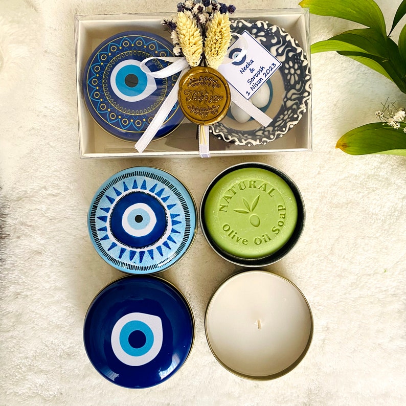 Evil Eye Wedding Favor: Candle, Soap, Ceramic Bowl & Almonds - Etsy