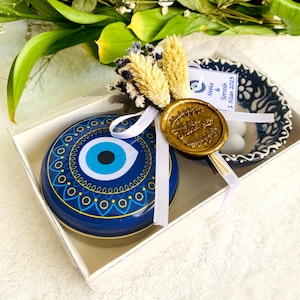 Evil Eye Wedding Favor: Candle, Soap, Ceramic Bowl & Almonds - Etsy