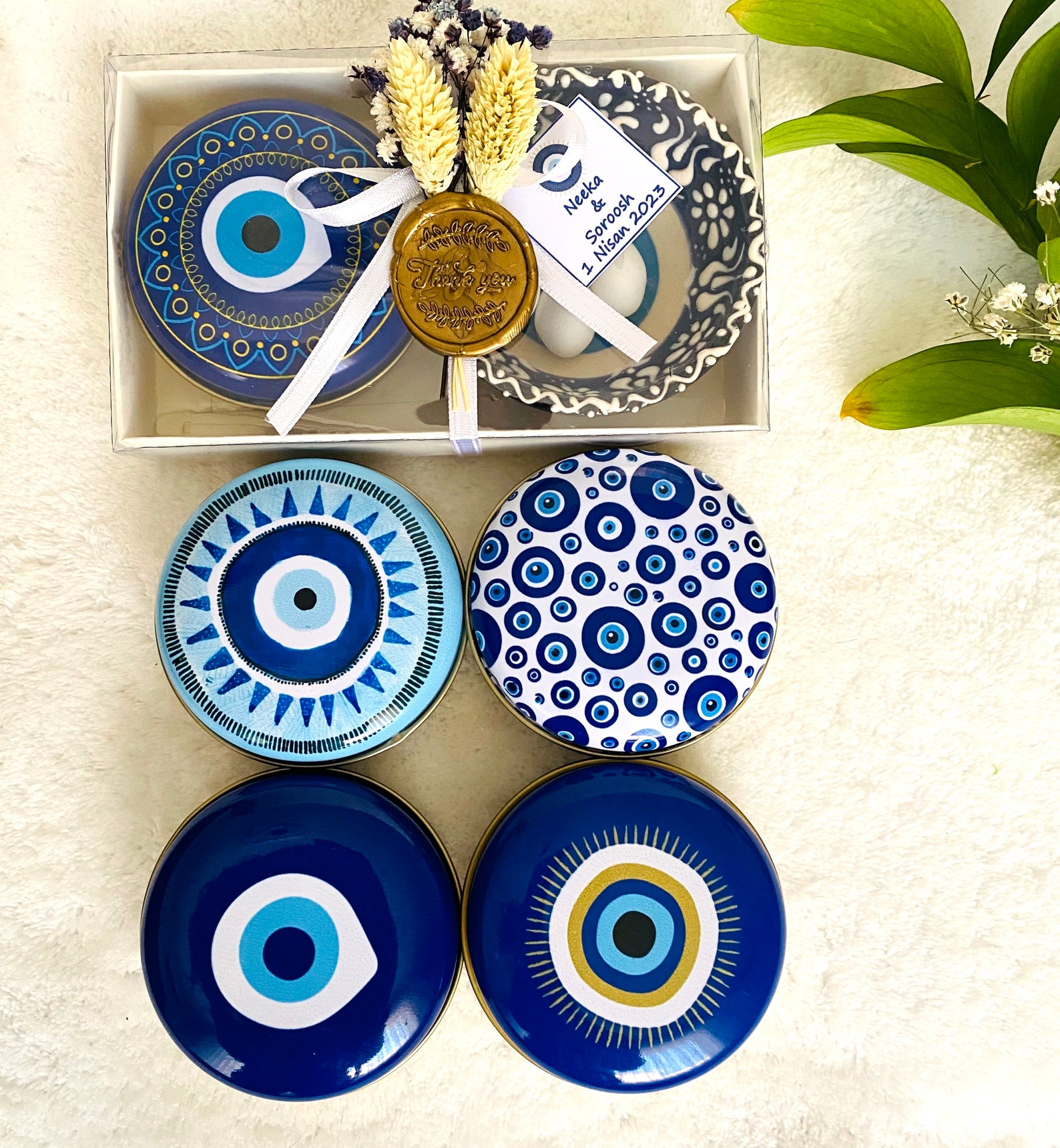 Evil Eye Wedding Favor: Candle, Soap, Ceramic Bowl & Almonds - Etsy