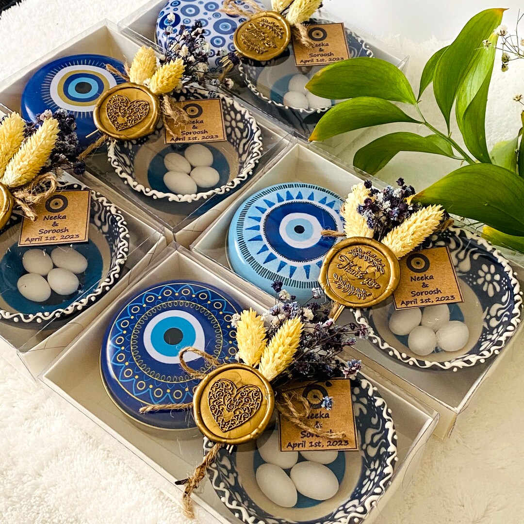 Evil Eye Wedding Favor: Candle, Soap, Ceramic Bowl & Almonds - Etsy