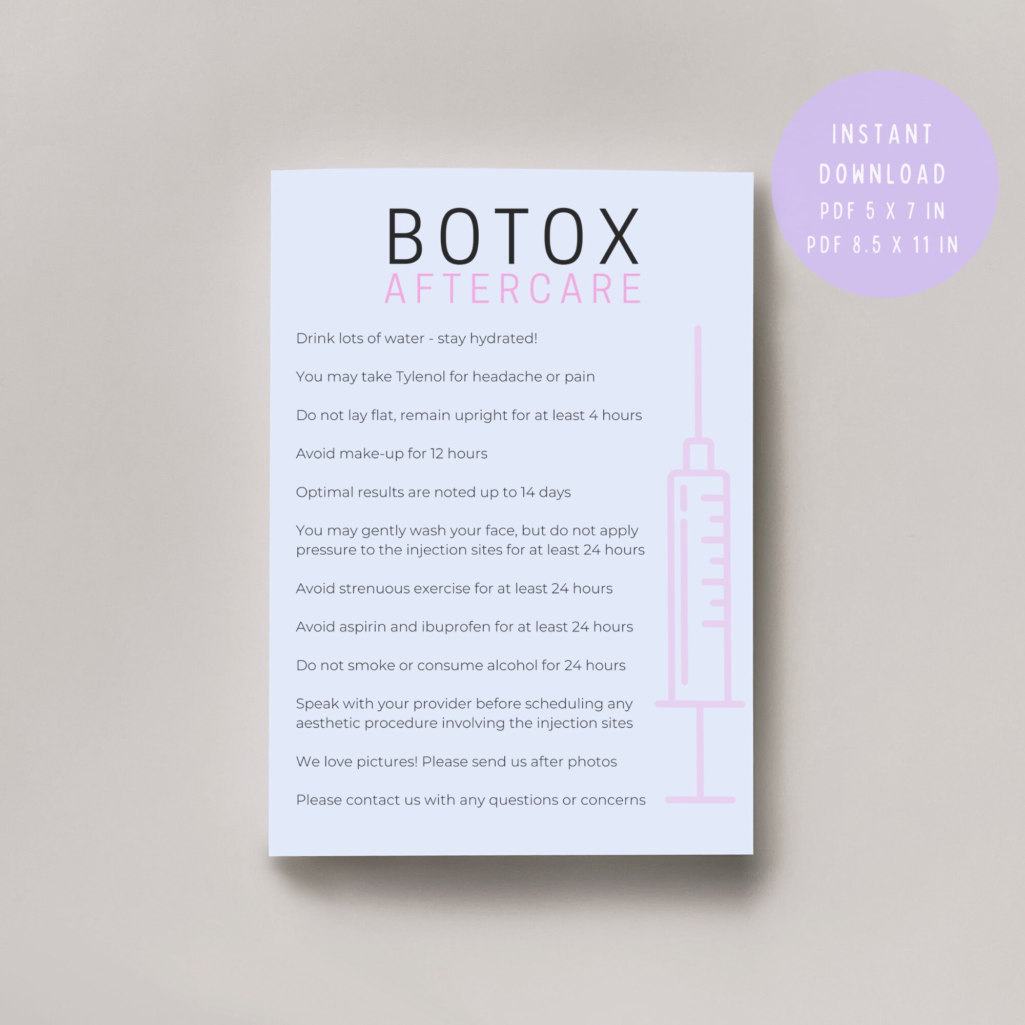BOTOX Aftercare Card, BOTOX Print Out, Nurse Injector, Instant Digital ...