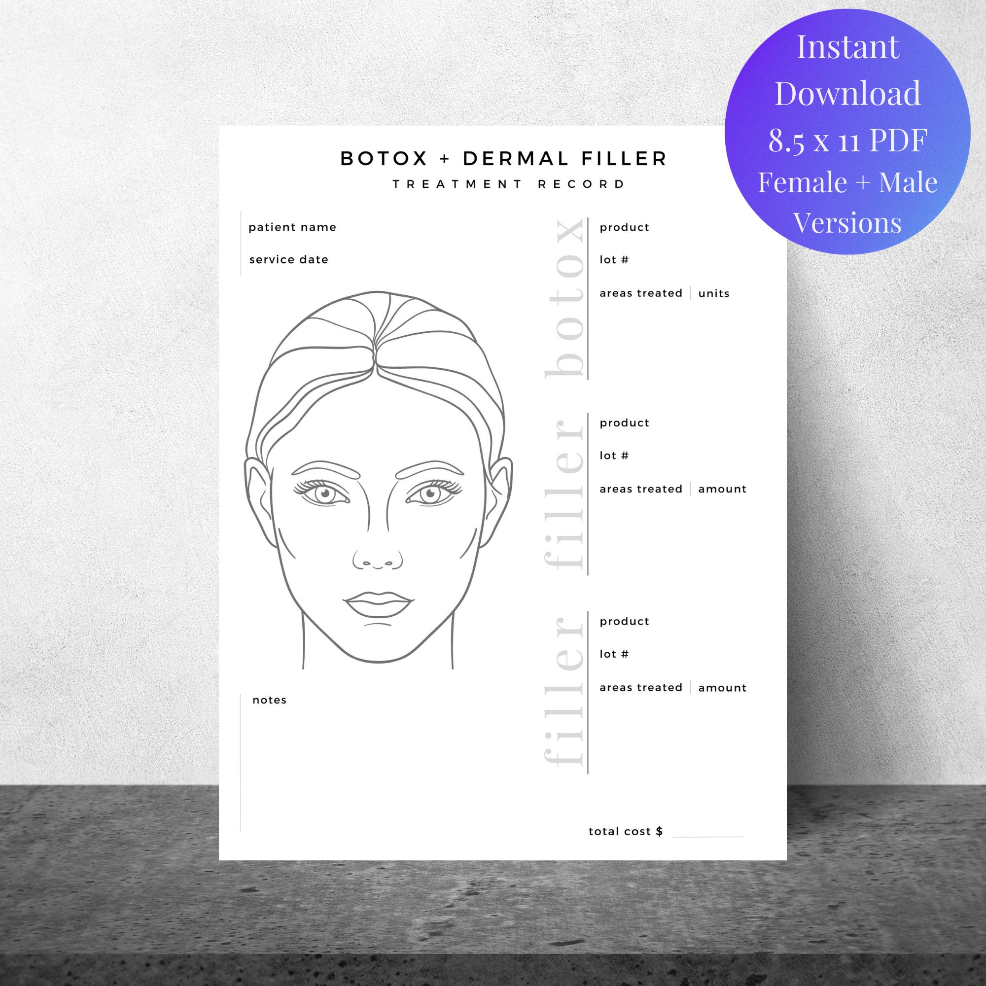 BOTOX Dermal Filler Treatment Record Patient Record - Etsy