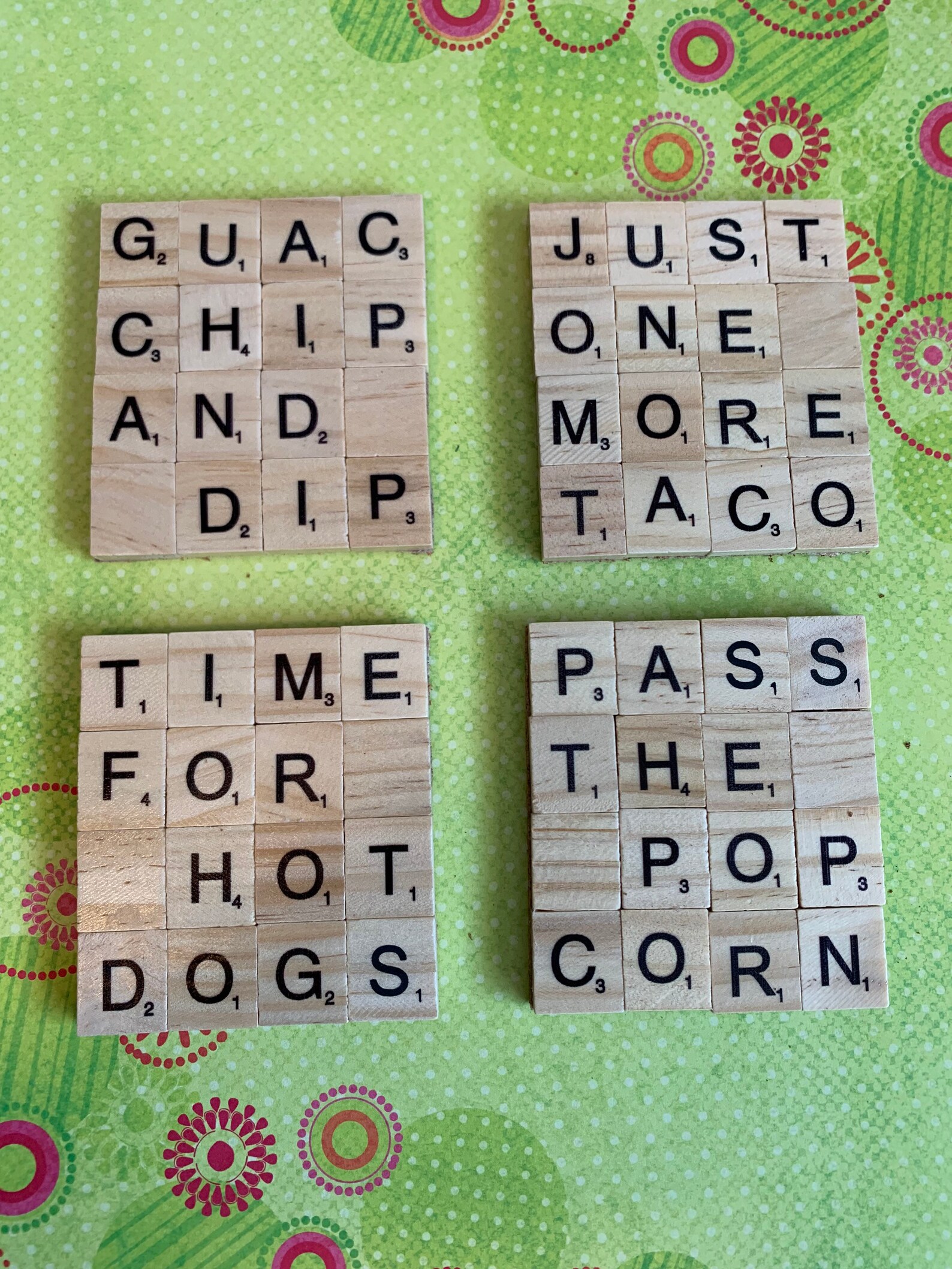 Snack Theme Scrabble Coasters/guac Chip and Dip /time for Hot Dogs/pass ...