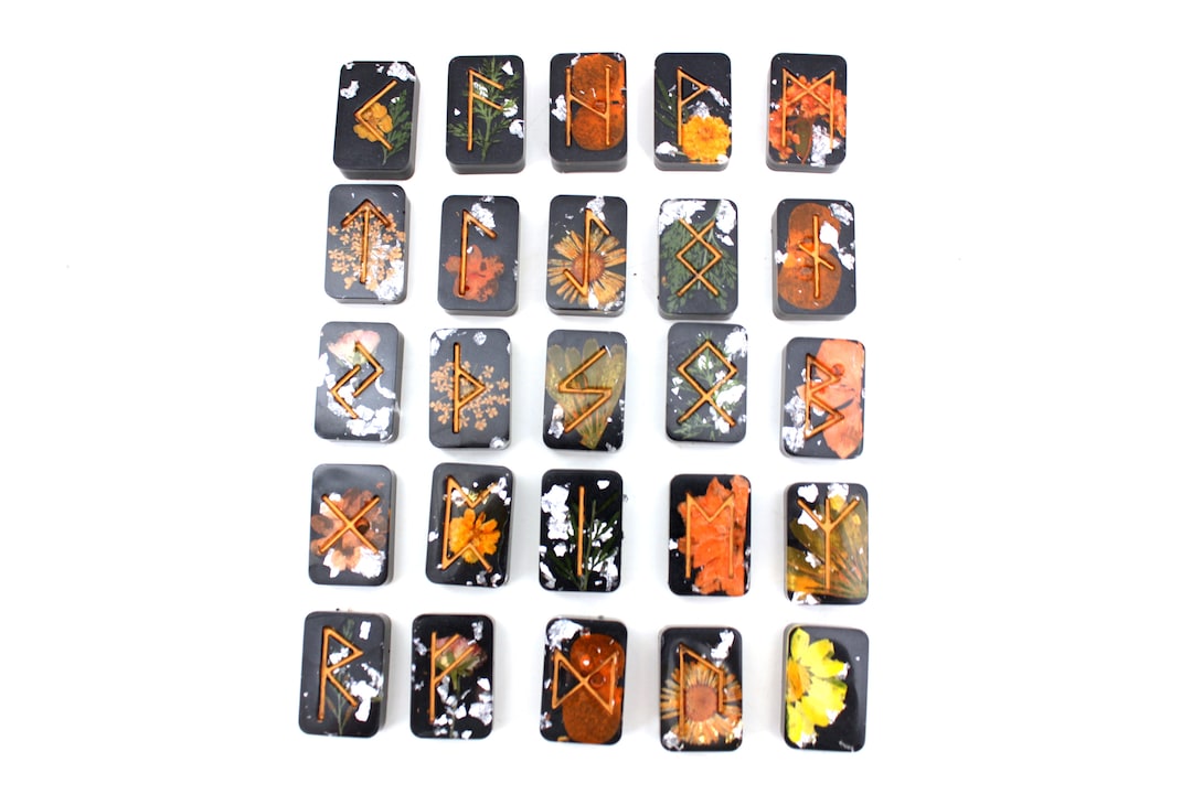 Handcrafted Futhark Runes in Black Flowery Resin Hand Painted in Gold ...