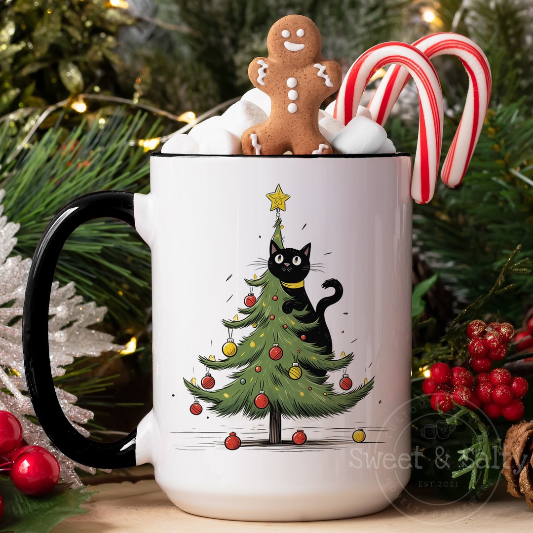 Cute Black Cat Christmas Mug, Cat and Christmas Tree, Meowy Christmas ...
