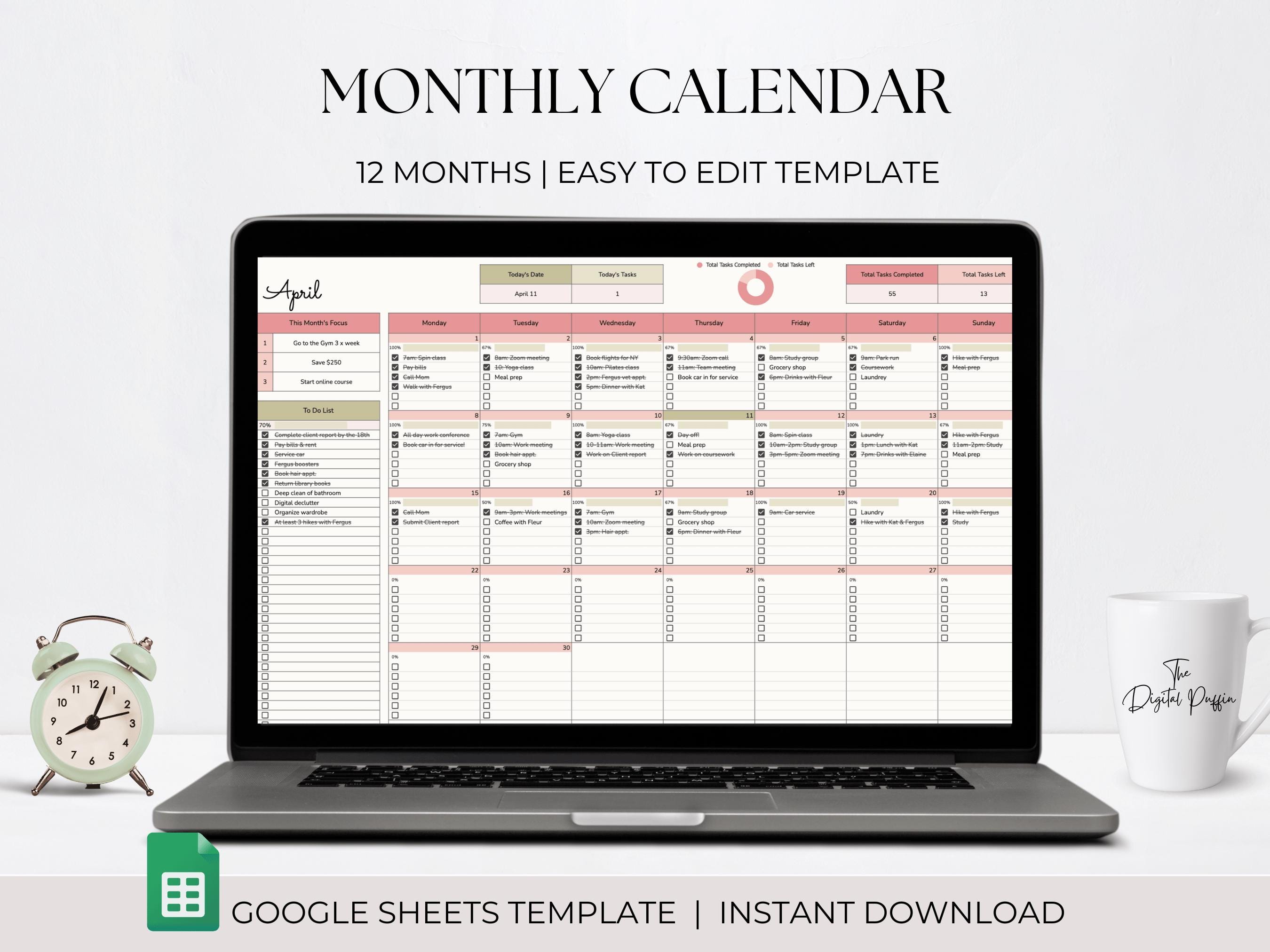 Monthly Calendar Template Google Sheets, Task Tracker, Daily Calendar ...