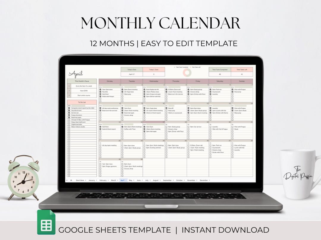 Digital Monthly Calendar for Google Sheets, Productivity Planner ...