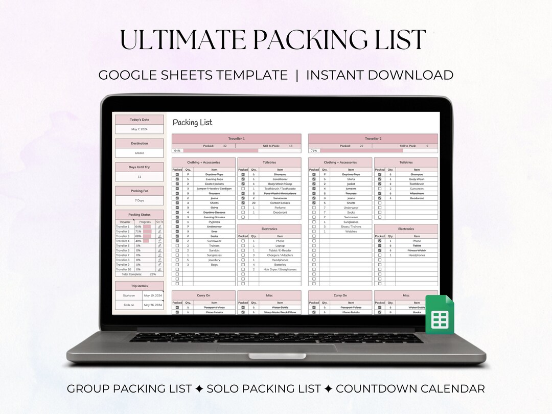 Editable Packing Checklist for Google Sheets, Travel Packing List ...