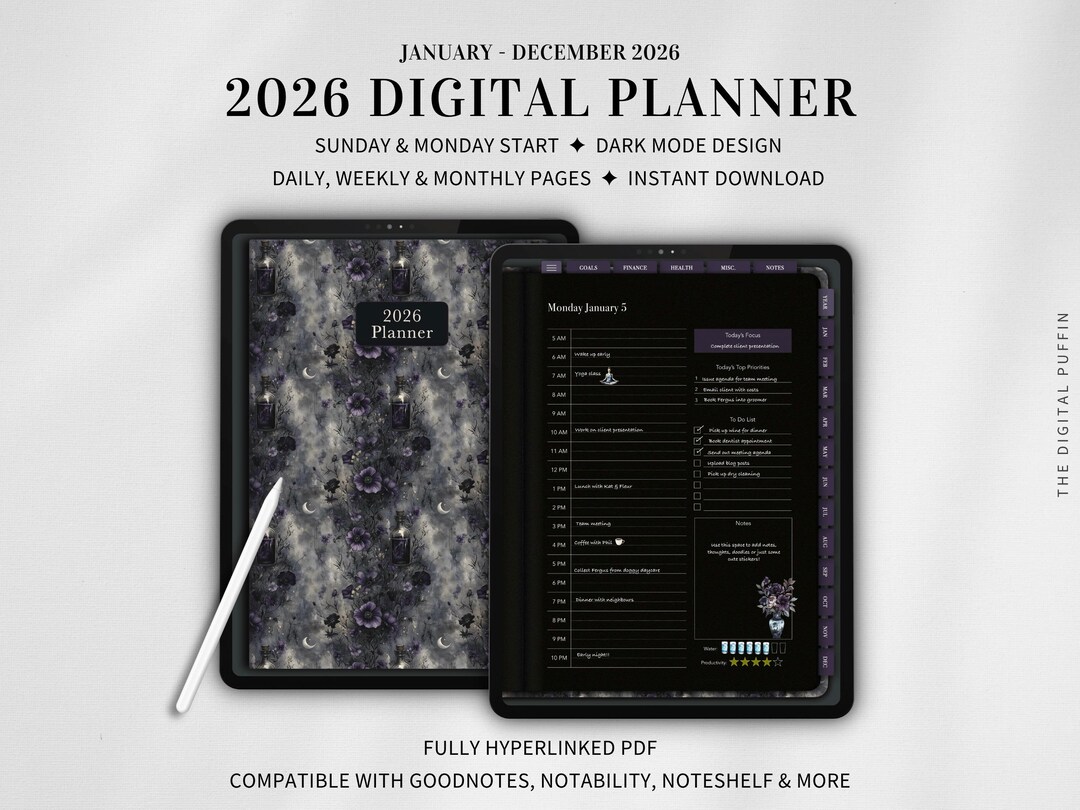 2026 Digital Planner, Dark Mode, Witchy Celestial iPad Portrait Planner ...