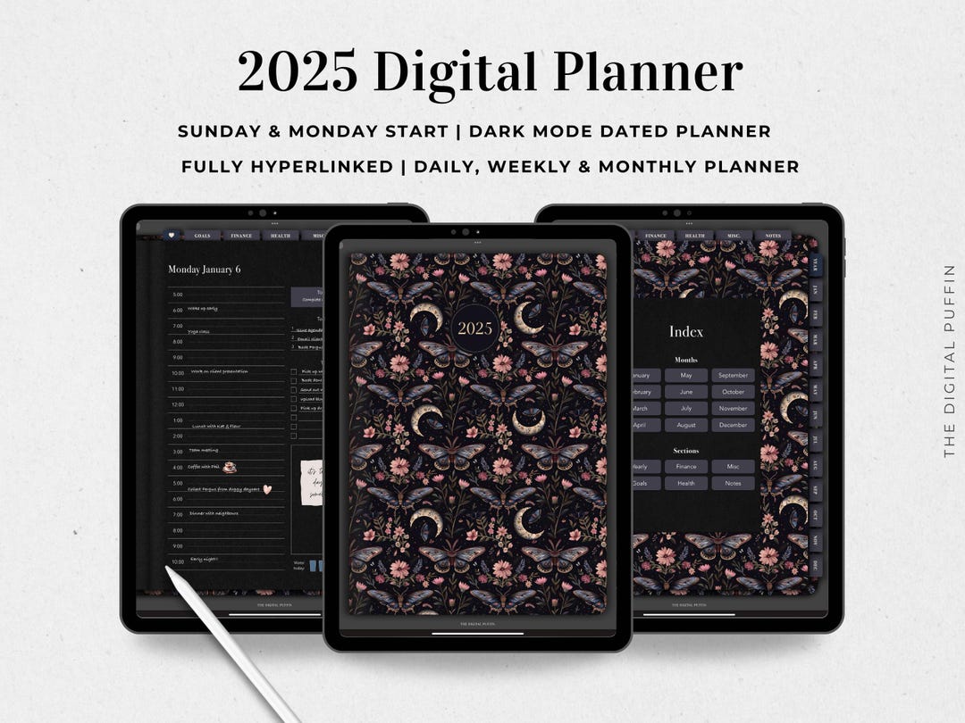 2025 Digital Planner Goodnotes, Dated Hyperlinked Digital Planner Dark ...