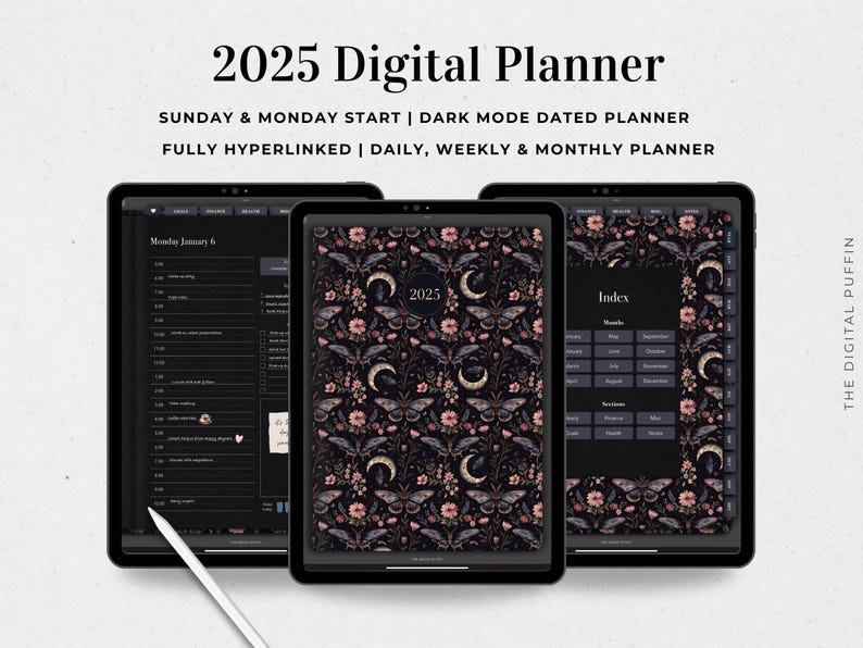 2025 Digital Planner Goodnotes, Dated Hyperlinked Digital Planner Dark ...
