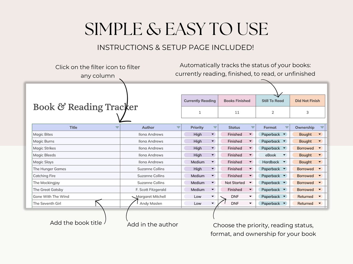 Book Tracker & Reading List Spreadsheet, Google Sheets Reading Tracker ...