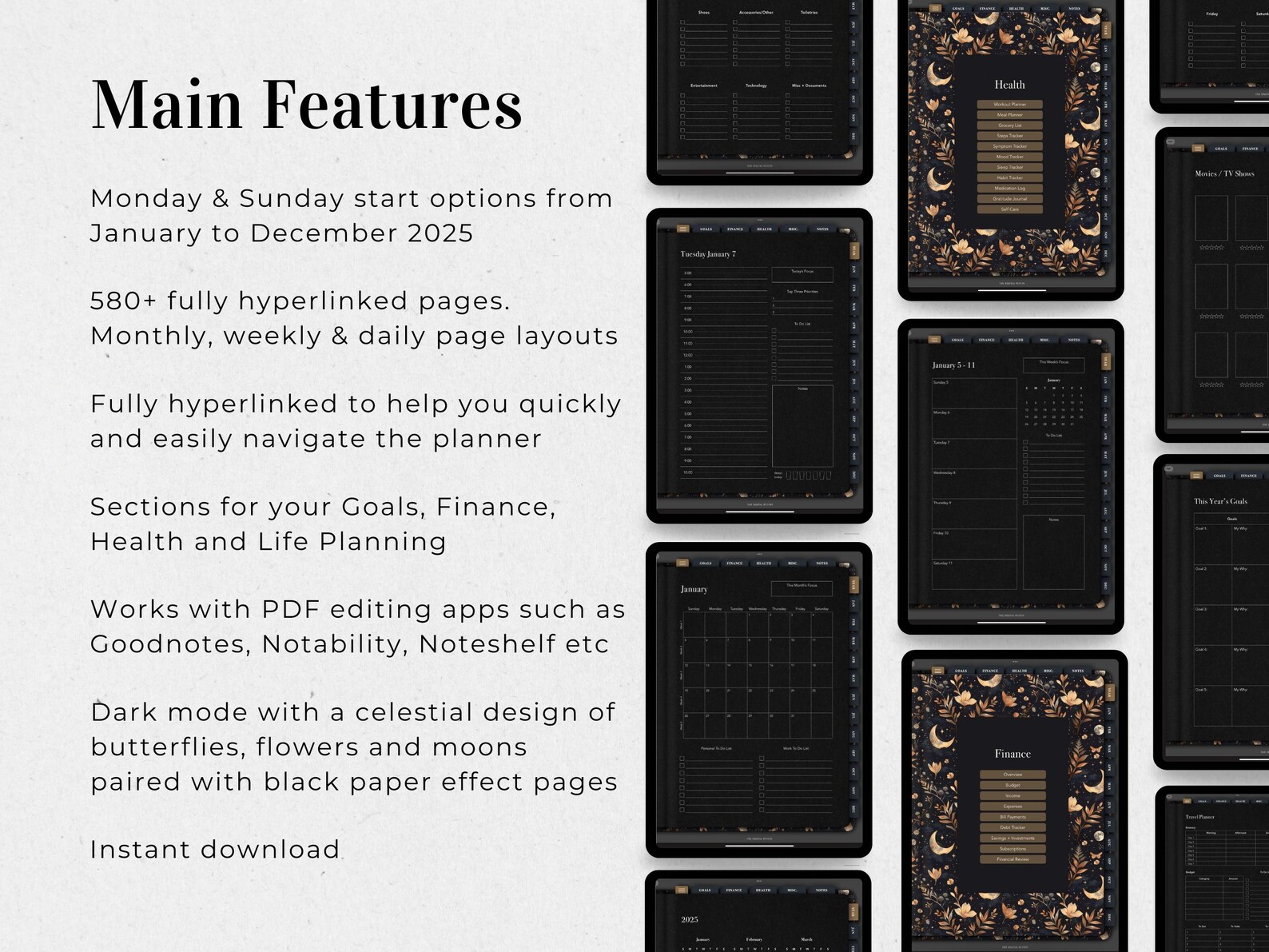 2025 Dark Mode Digital Planner for Goodnotes, iPad Tablet, 2025 Dated ...