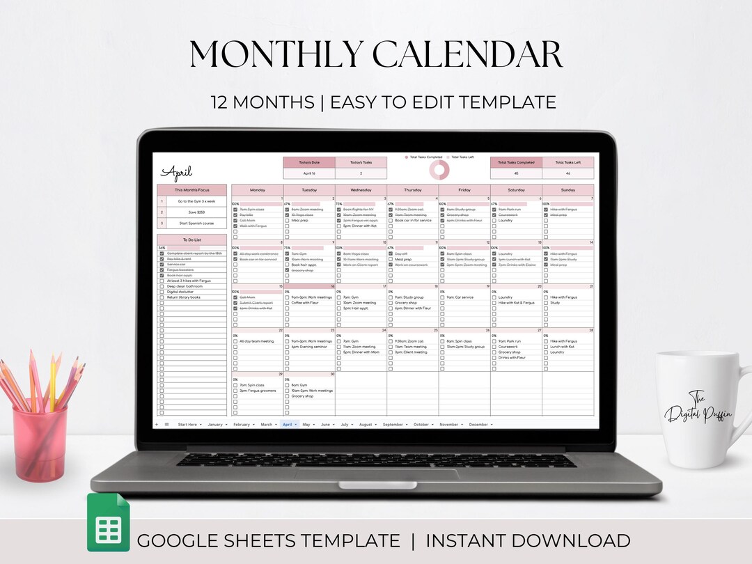 Monthly Calendar Template Google Sheets, Monthly Planner Spreadsheet ...