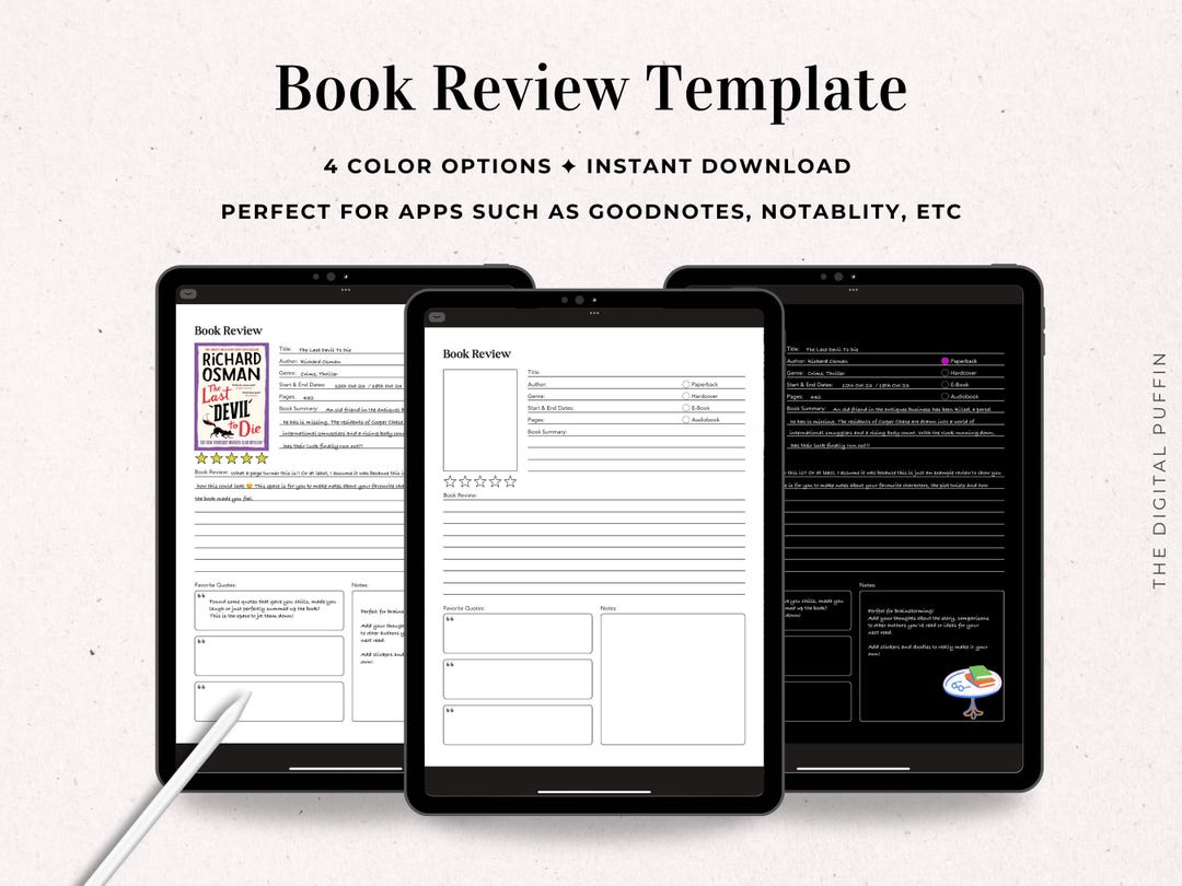 Book Review Template for Goodnotes, Digital Reading Journal for iPad ...
