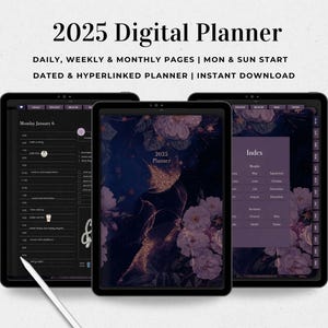 Dark Mode Digital Planner, Portrait Planner, 2025 Dated Planner for ...