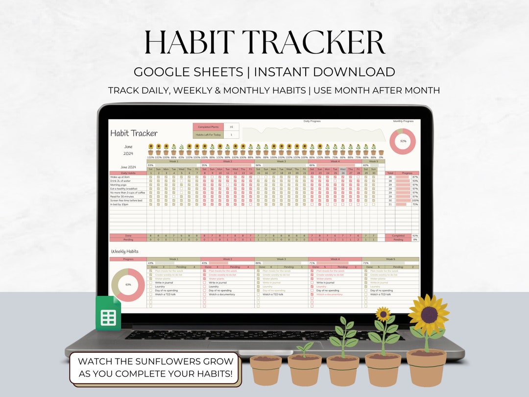 Habit Tracker Spreadsheet for Google Sheets, Monthly, Weekly, Daily ...