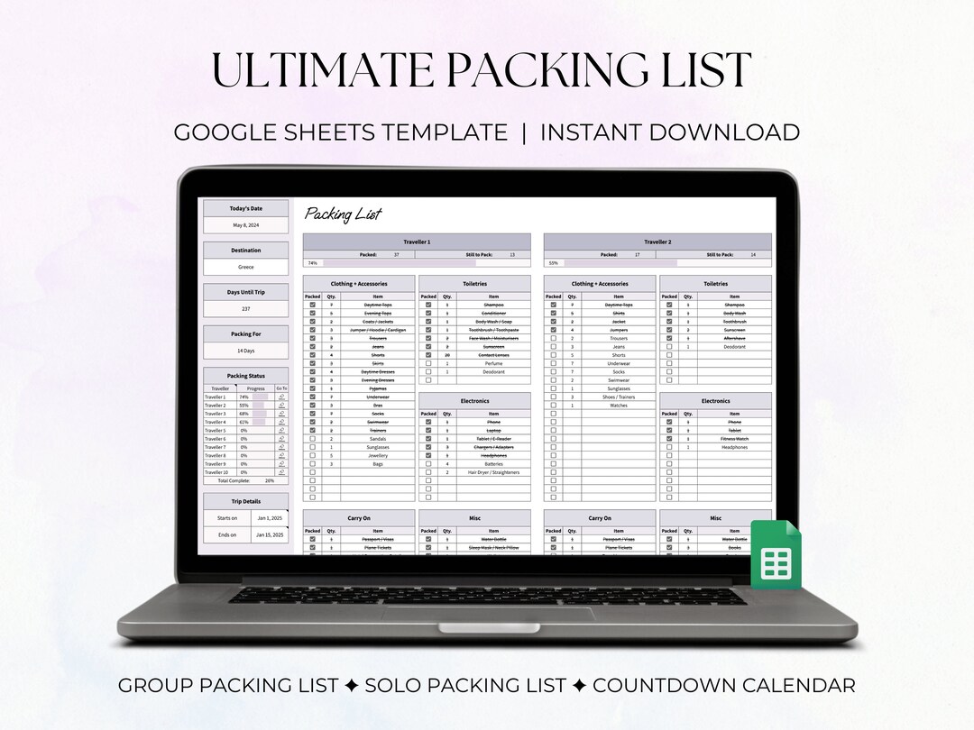 Editable Packing Checklist for Google Sheets, Travel Packing List ...