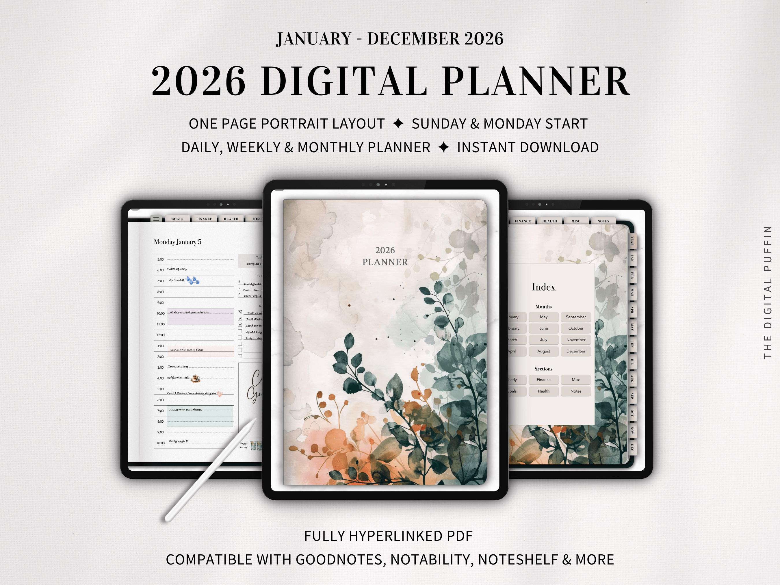 2026 Digital Planner, Dated Planner for Goodnotes, Daily Weekly Monthly ...