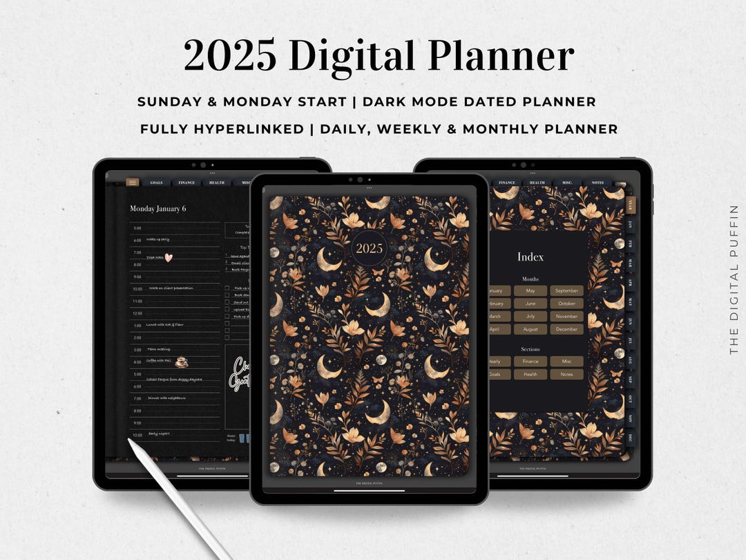 2025 Dark Mode Digital Planner for Goodnotes, iPad Tablet, 2025 Dated ...