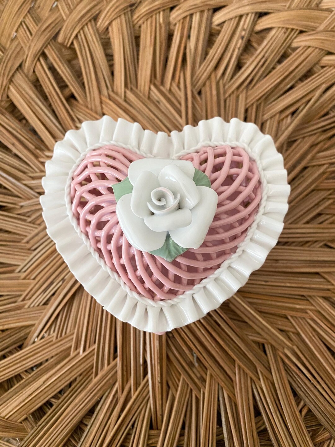 Porcelain Pink Heart Shaped Lattice Trinket Box - Jewerly Holder ...