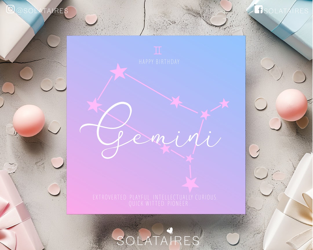 Gemini Zodiac Birthday Card, Celestial Birthday Card, Horoscope Cards ...