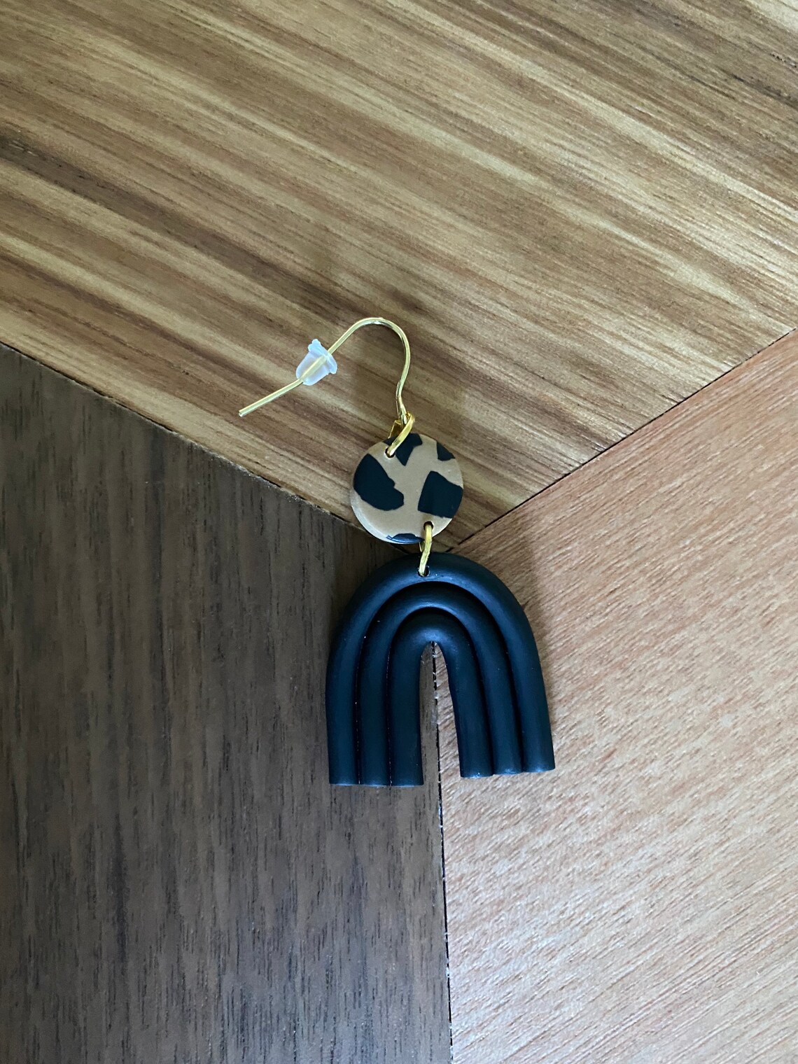 Black and Leopard Arch Clay Earrings, Earthy Minimalist Earrings ...