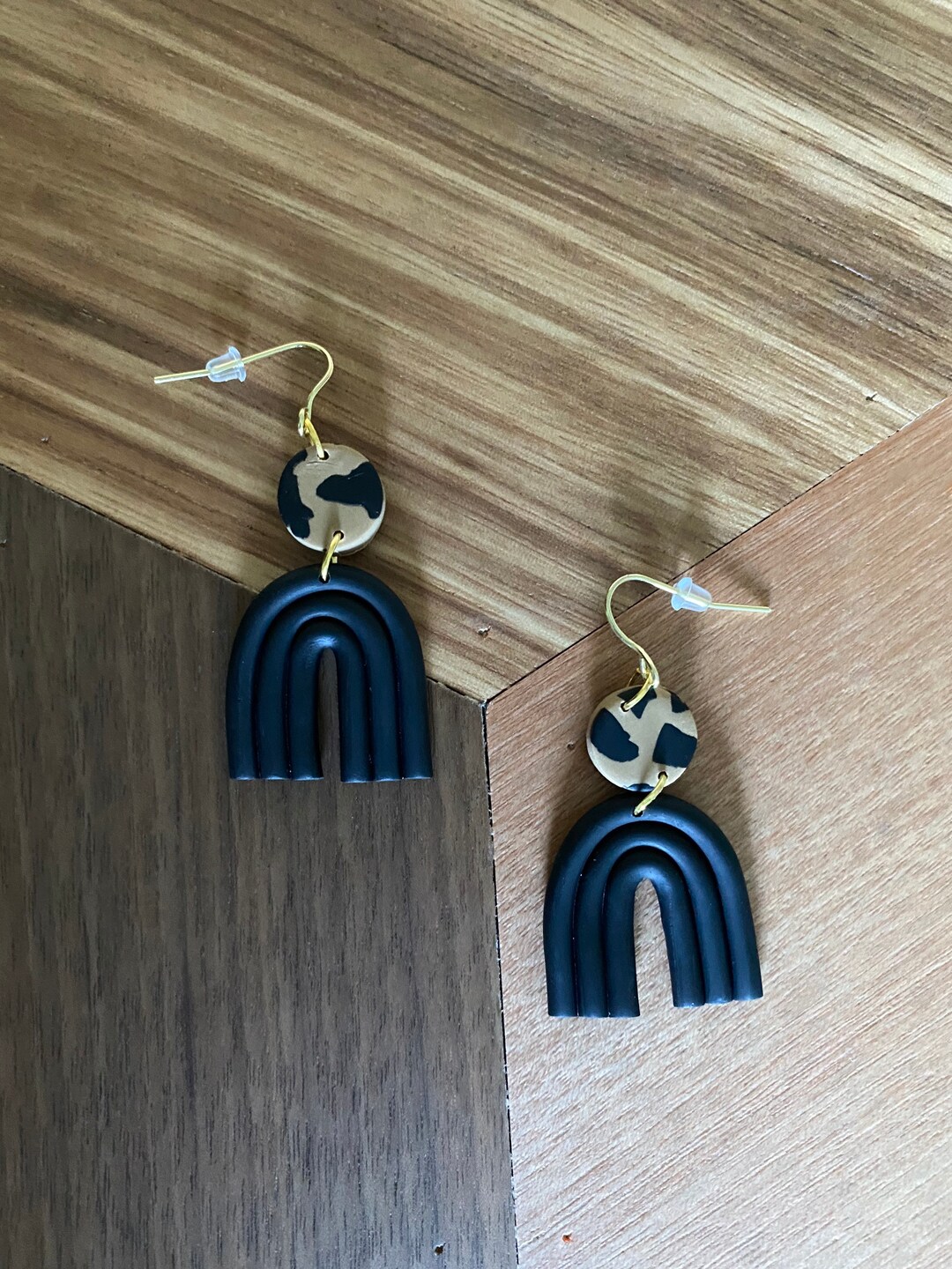 Black and Leopard Arch Clay Earrings, Earthy Minimalist Earrings ...