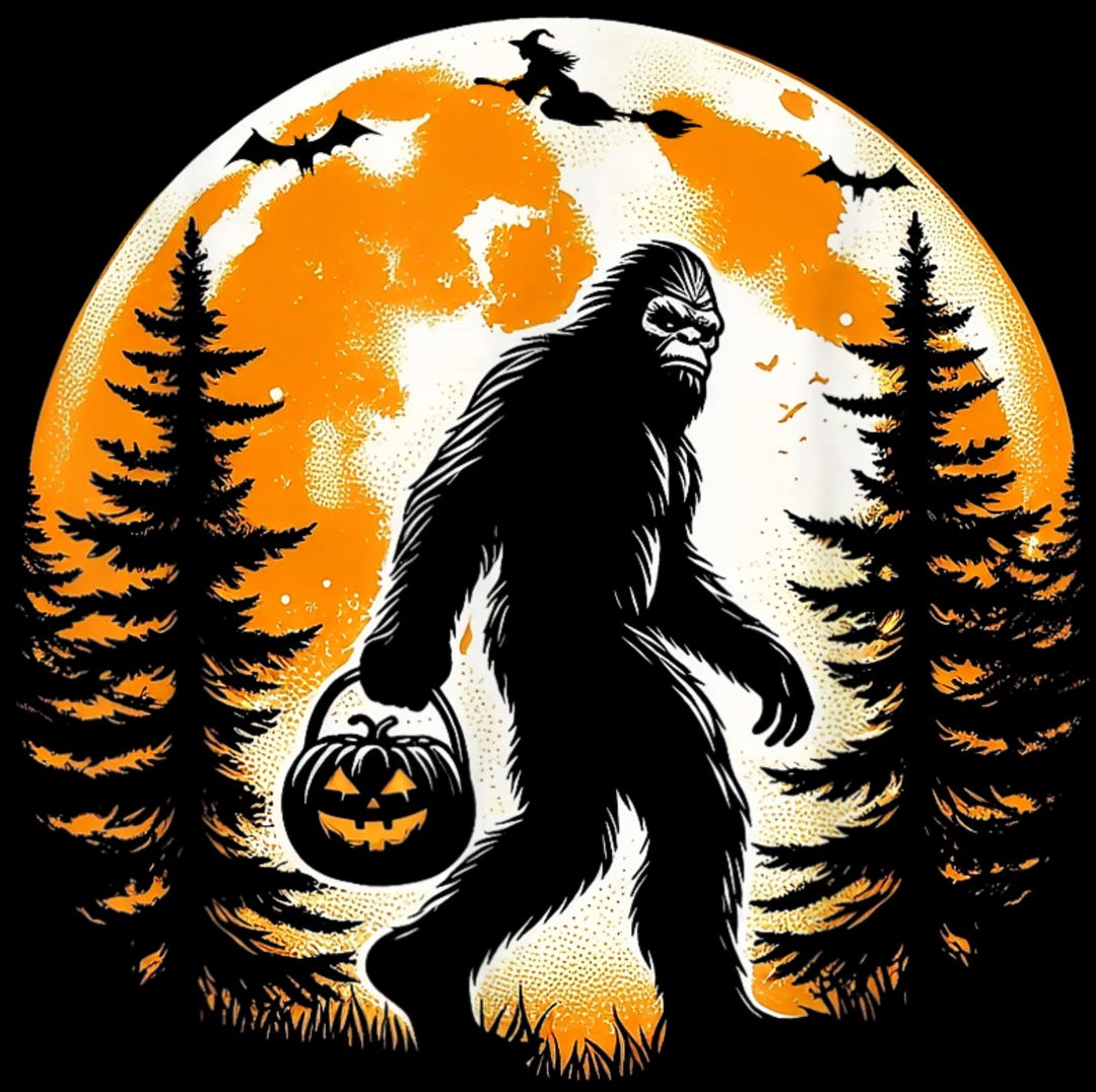 Bigfoot Halloween Trick or Treat Sasquatch Witch Bat in Moon PNG ...