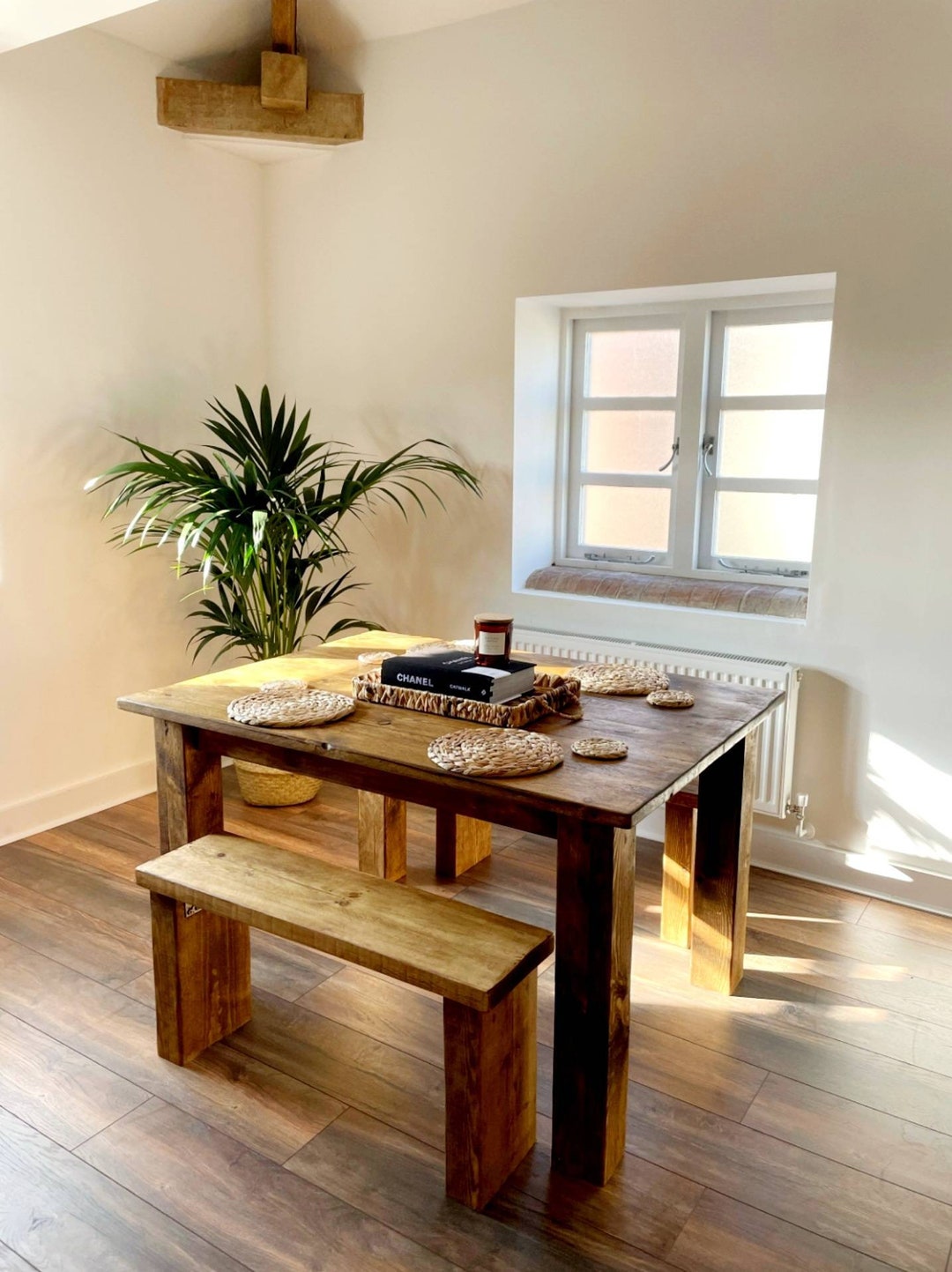 Handmade Rustic Dining Table With 2 Free Benches: Solid Wood Kitchen Furniture - Etsy UK