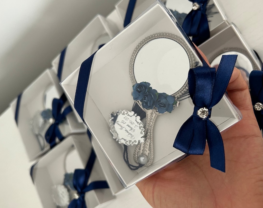 Personalized Mirror Favors With Box: Navy Blue Floral, Sweet 16 ...