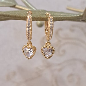 Heart Gold Earrings, Dangle Hoop Earrings, Diamond Heart Earrings ...