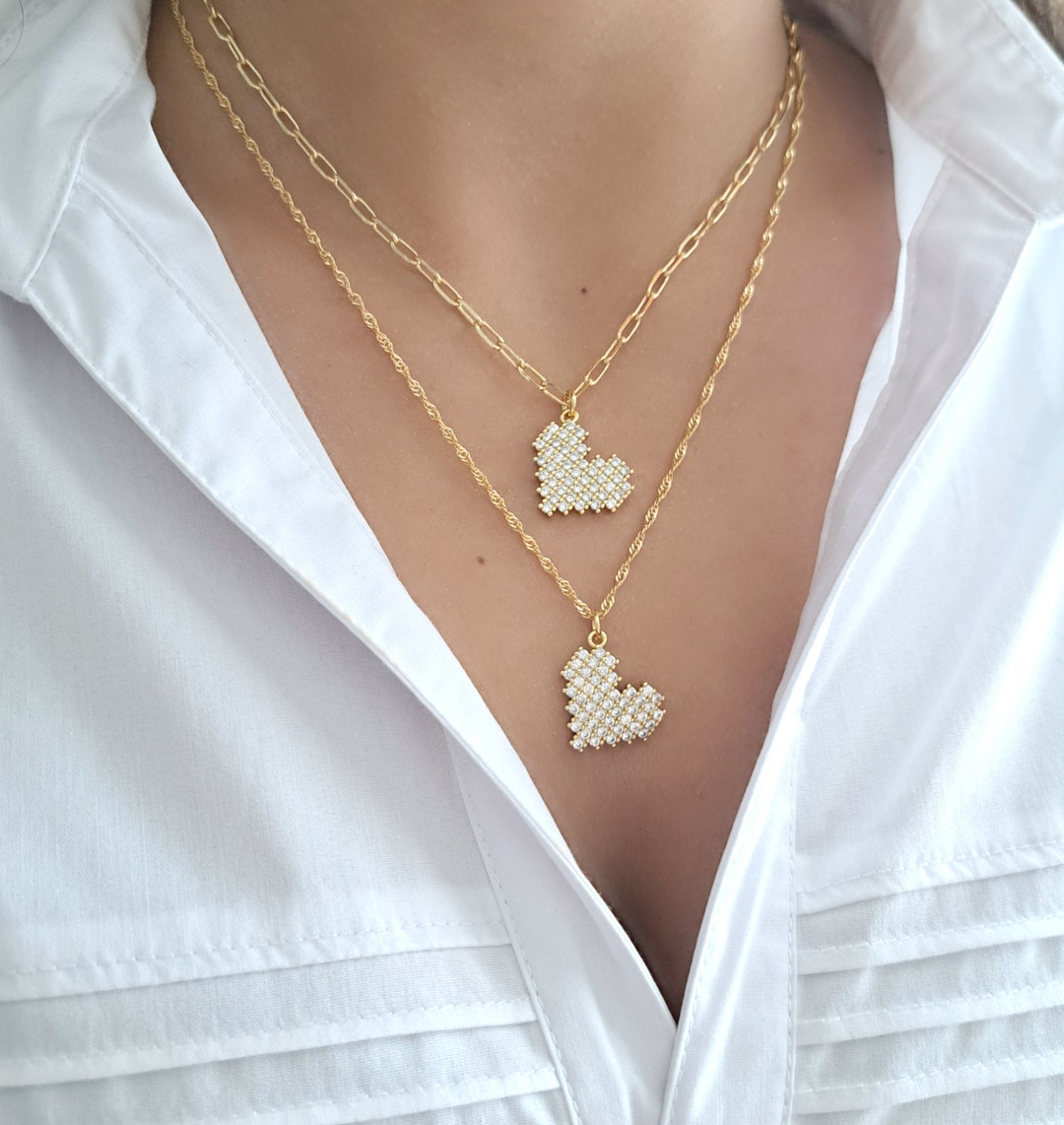 Pave Heart Necklace, Pixel CZ Heart Necklace, Delicate Heart Necklace ...