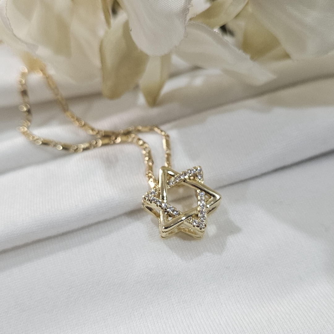 David Star Gold Necklace, CZ Jewish Star Necklace, Bat Mitzvah Gift ...