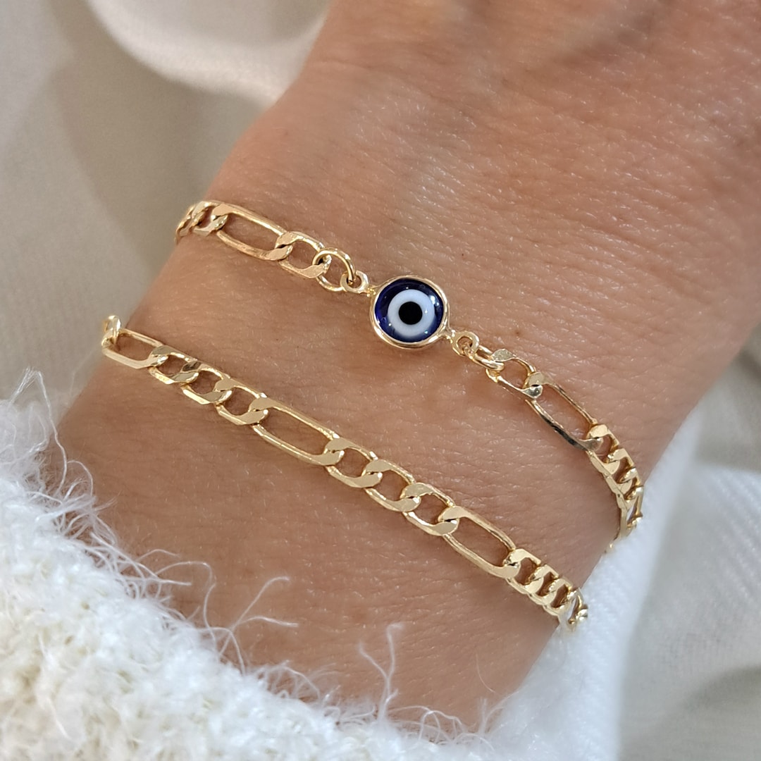 18K Gold Filled Evil Eye Bracelet, Figaro Link Chain Evil Eye Bracelet ...