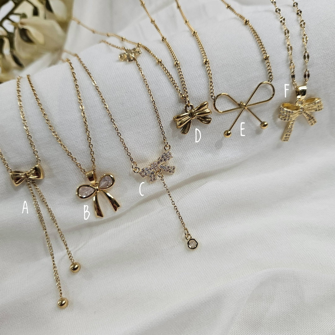 Bow Gold Necklace, Bow Rhinestone Necklace, Trendy Bow Necklace, Ribbon Necklace, Gold Bow ...