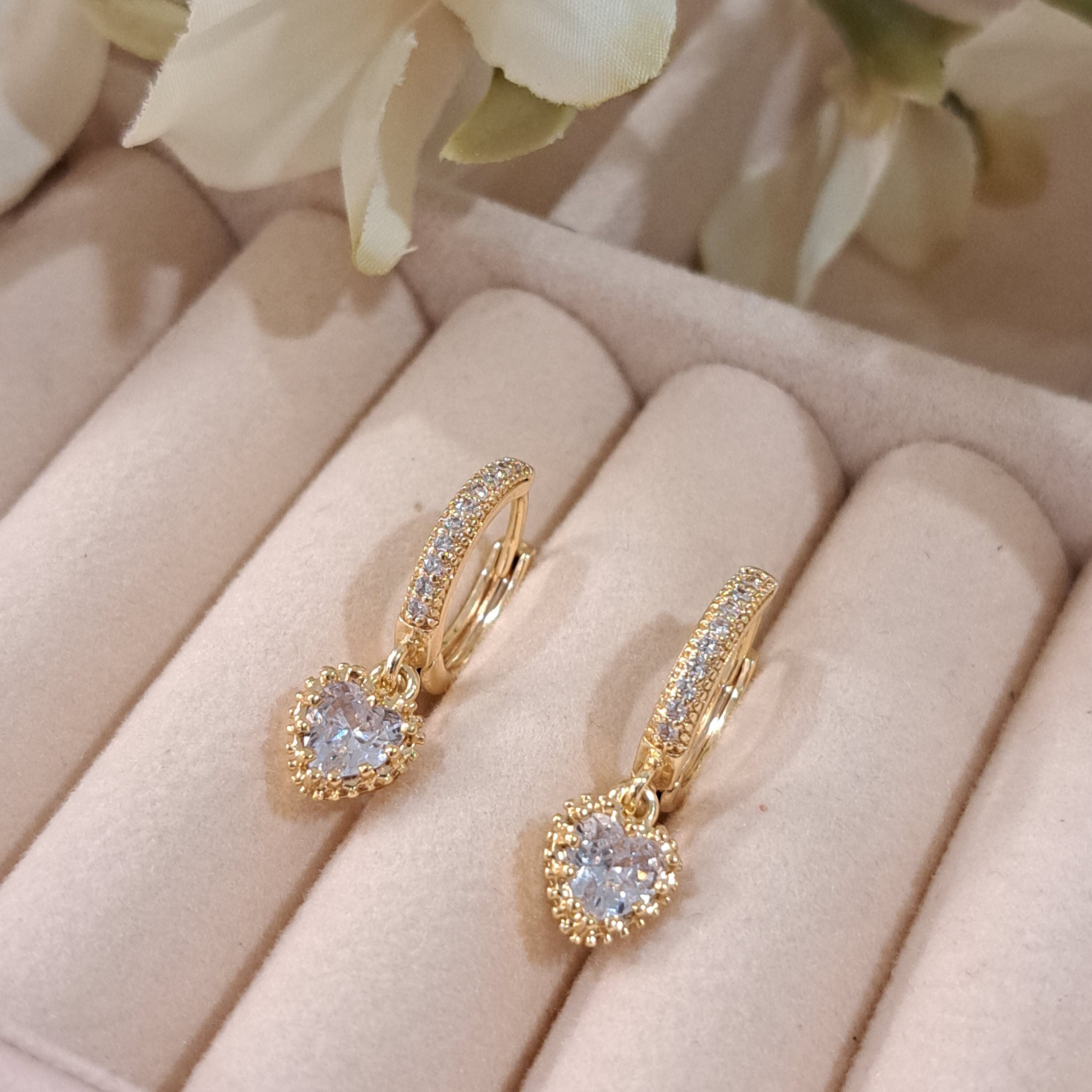 Heart Gold Earrings Dangle Hoop Earrings Diamond Heart - Etsy