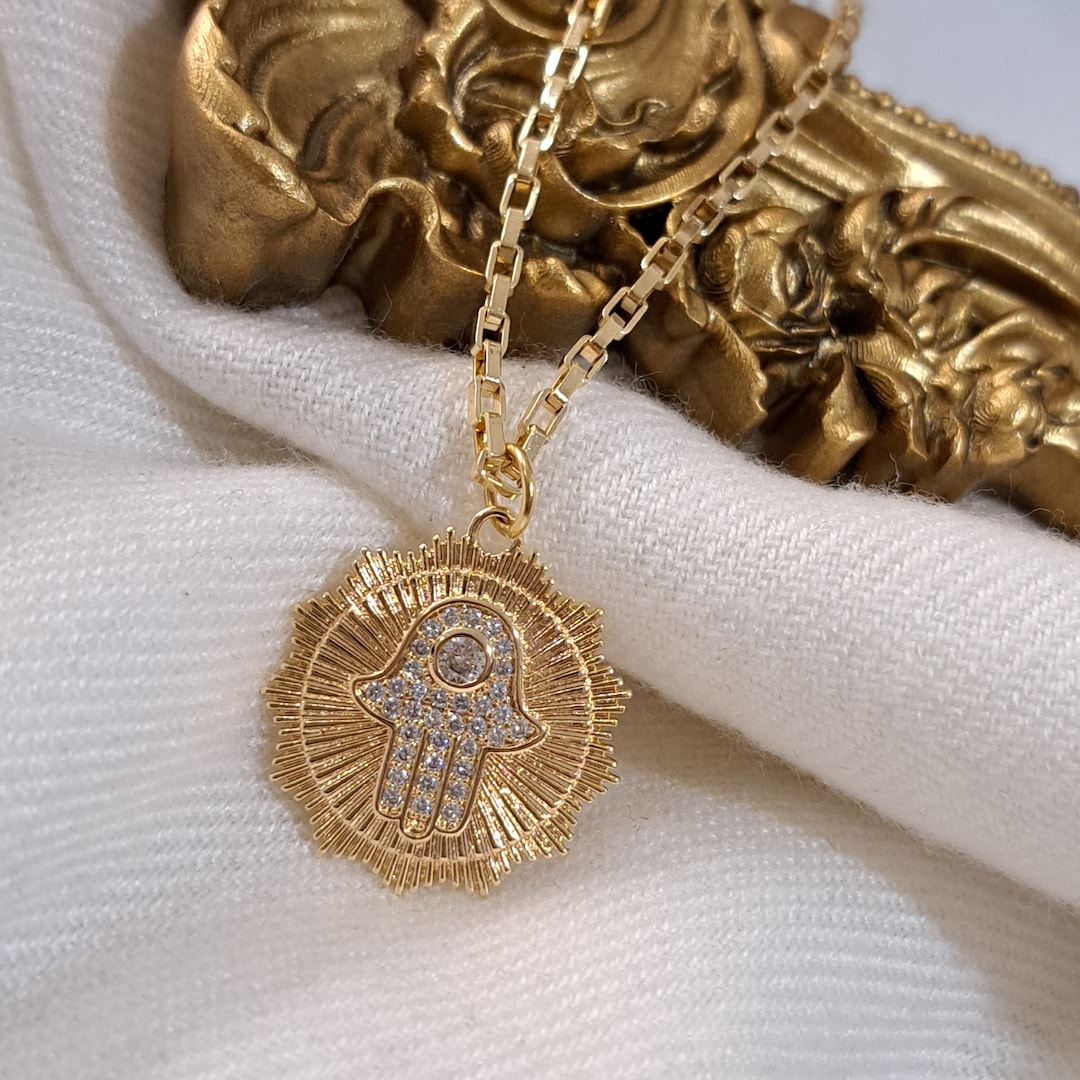 Hamsa Gold Filled Necklace, Gold Hamsa Necklace, Fatima Hand Medallion ...