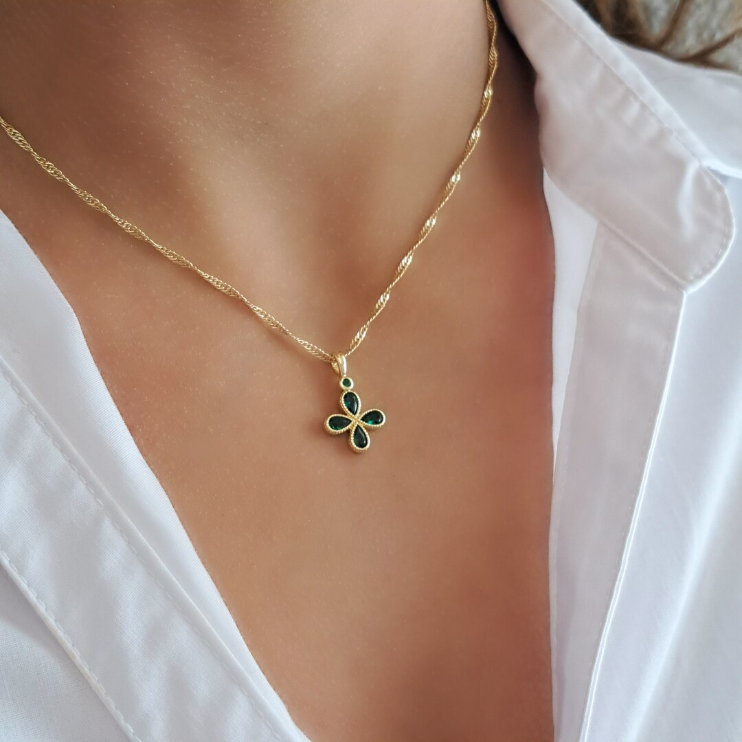 18K Gold Filled Emerald Clover Necklace, Four Leaf Clover Necklace, CZ ...