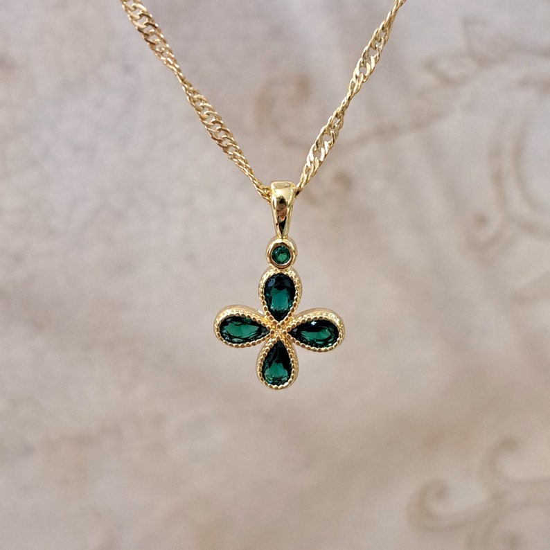 18K Gold Filled Emerald Clover Necklace, Four Leaf Clover Necklace, CZ ...
