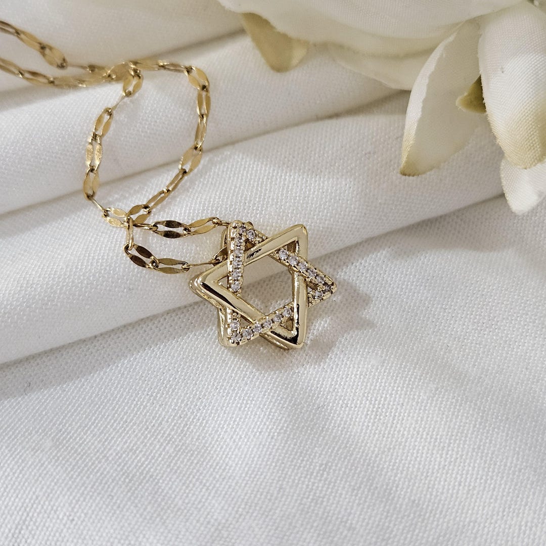 David Star Gold Necklace, CZ Jewish Star Necklace, Bat Mitzvah Gift ...