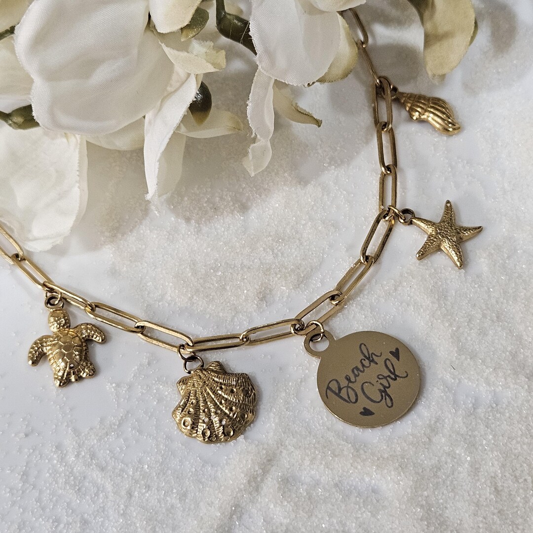 Beach Charm Necklace, Paperclip Summer Necklace, Multi Charms Necklace ...